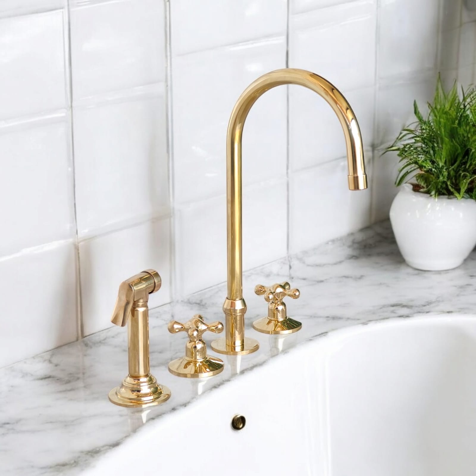 Unlacquered Brass 3-Hole Kitchen Faucet | Deck Mounted Kitchen Faucet ...